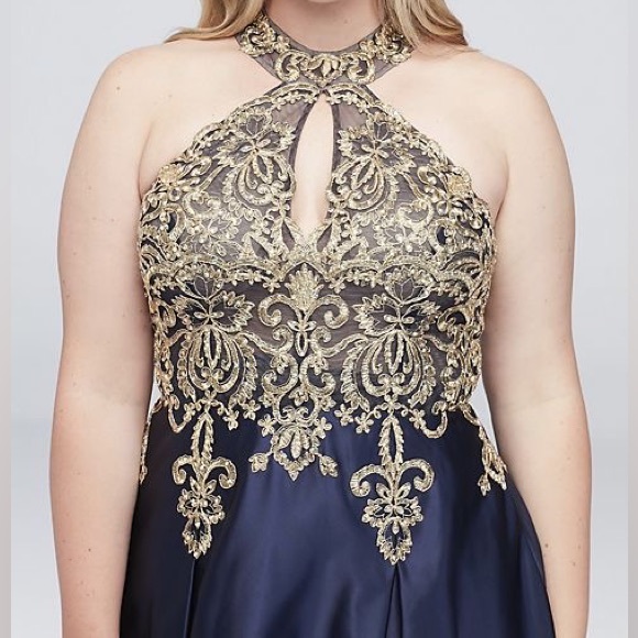 Xscape | Dresses | Metallic Satin And Lace Halter Top Prom Dress | Poshmark